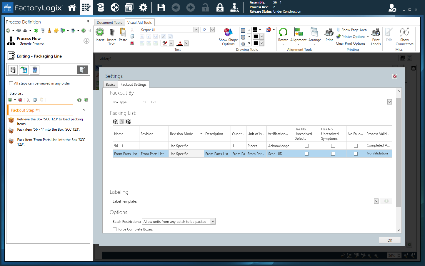 Add parts list items to a packing list